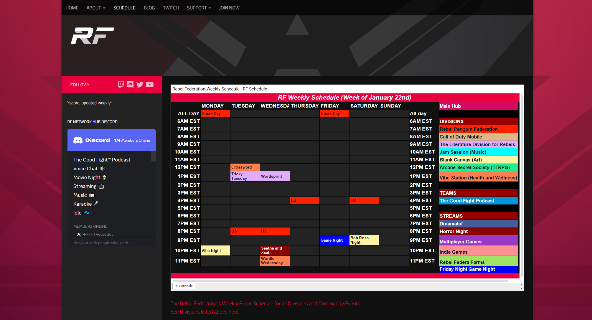 Weekly Schedule for Events » Rebel Federation - Discord Community